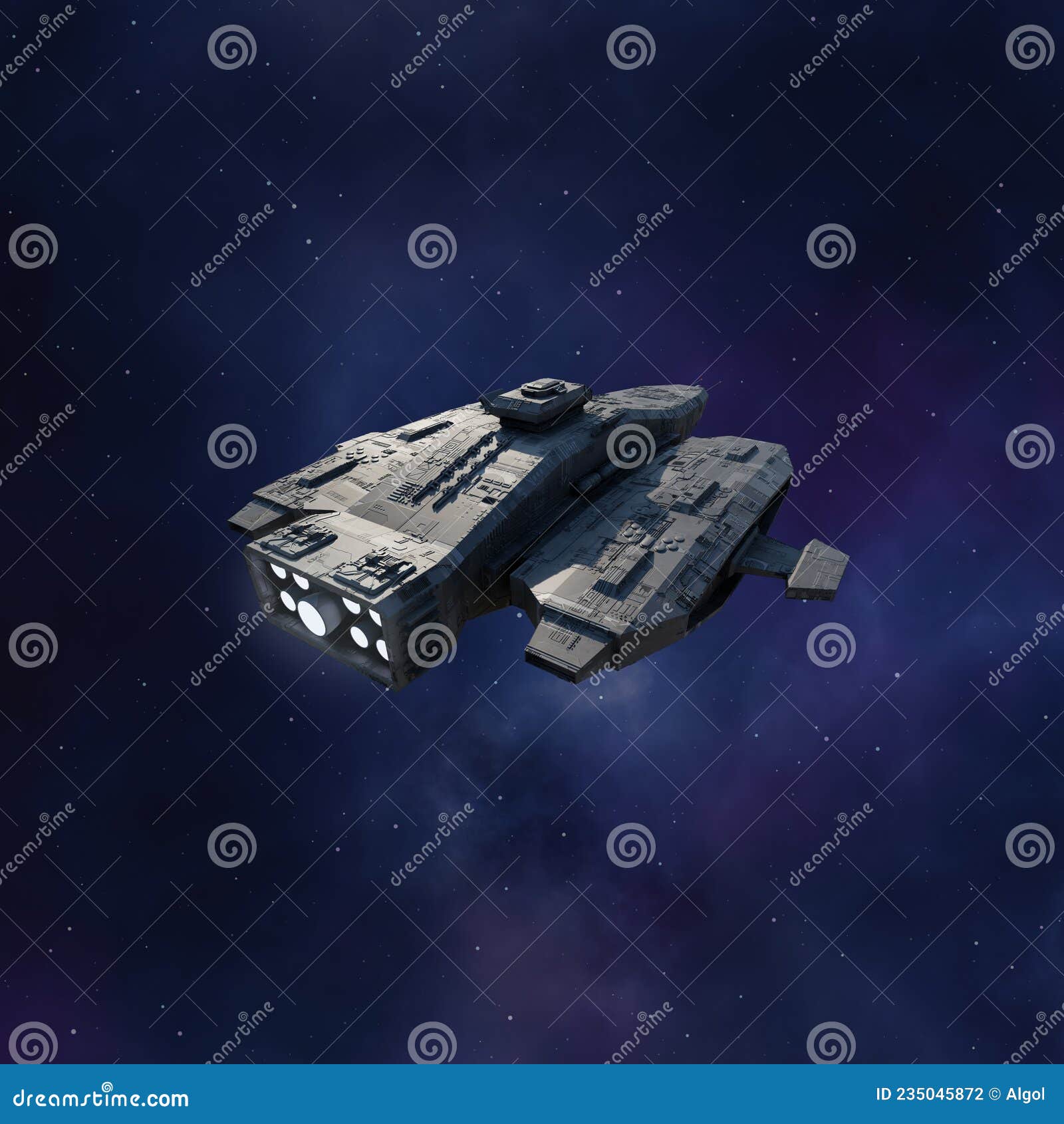 Space Freighter Passing through a Purple Nebula Cloud Stock ...