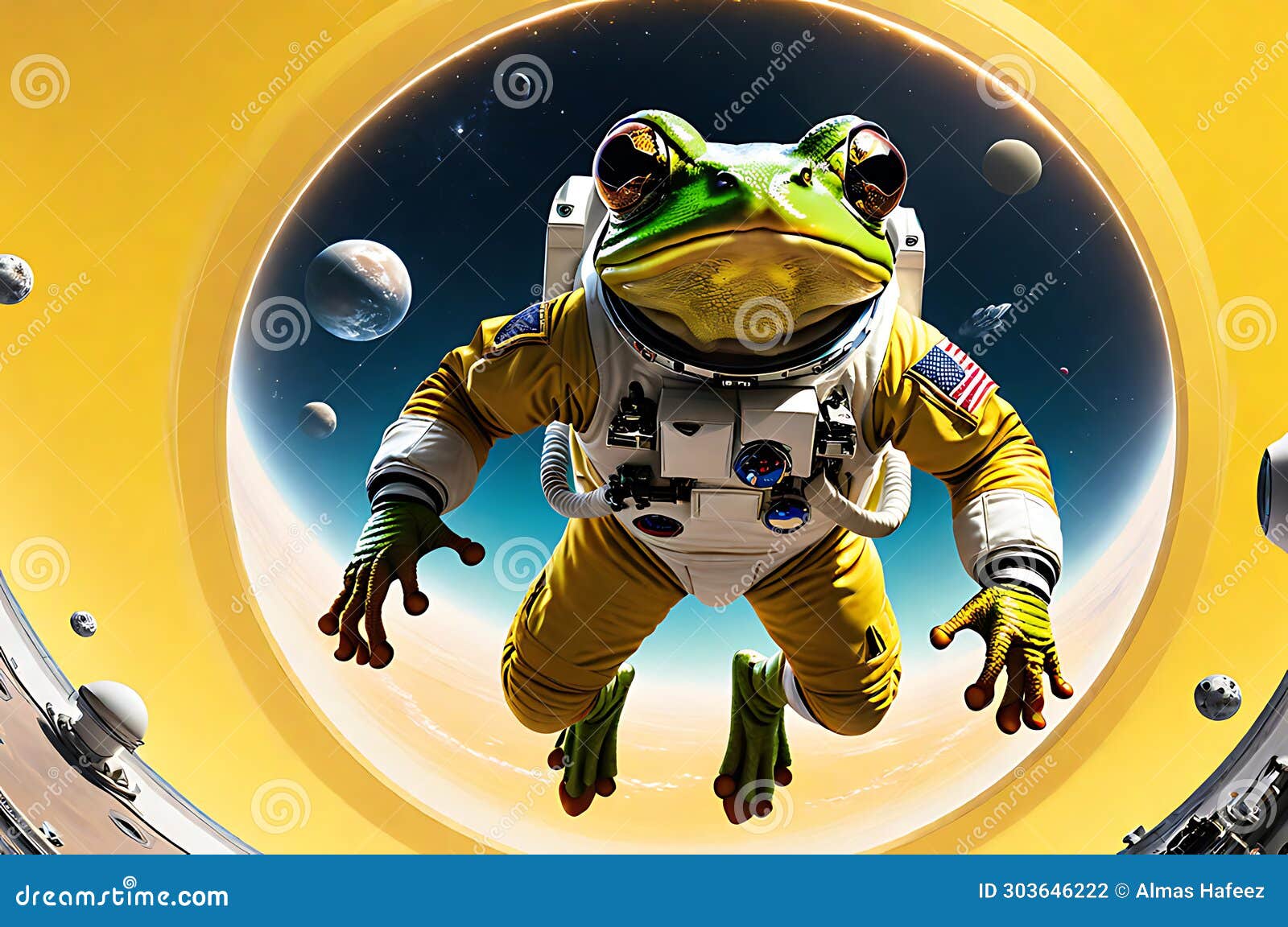 Space Frog in Astronaut Suit Hovering, Panoramic Shot, Vibrant Yellow ...