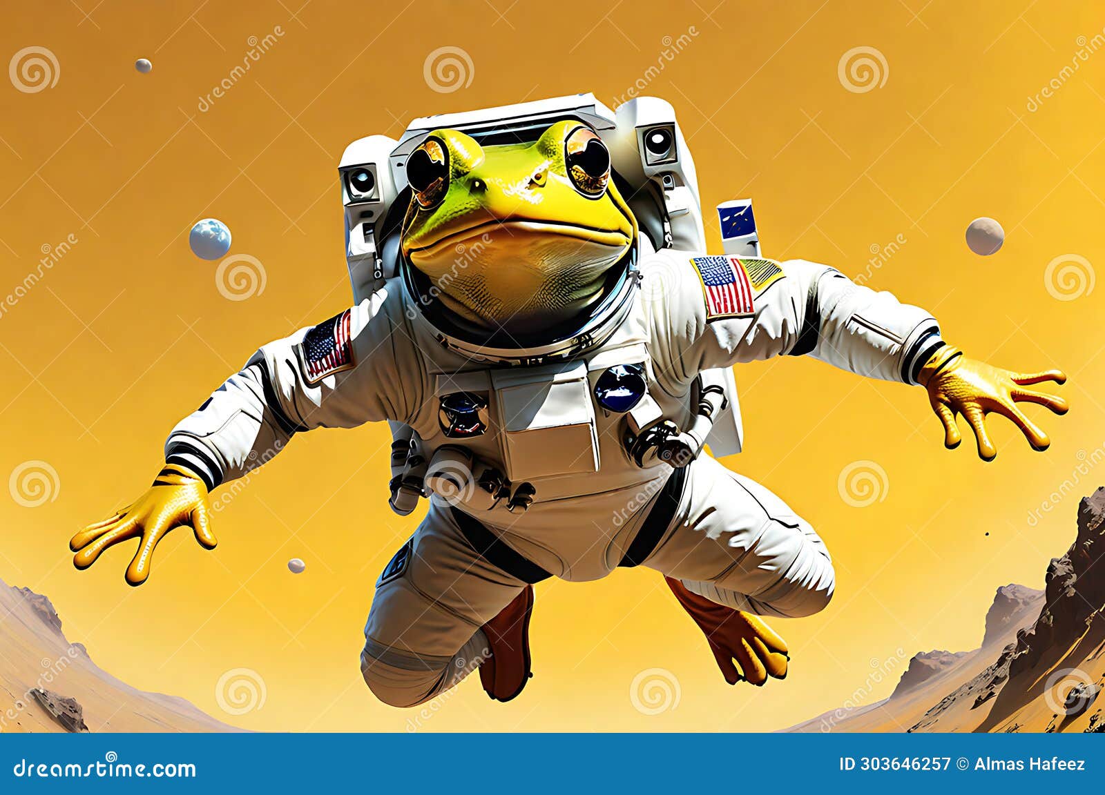 Space Frog in Astronaut Suit Hovering, Panoramic Shot, Vibrant Yellow ...