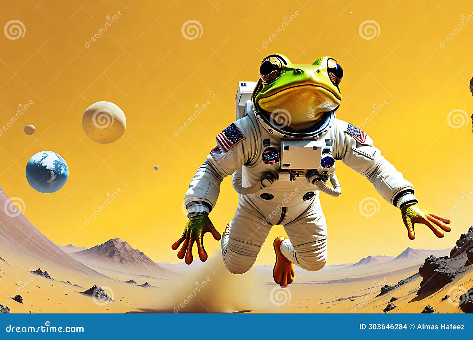 Space Frog in Astronaut Suit Hovering, Panoramic Shot, Vibrant Yellow ...