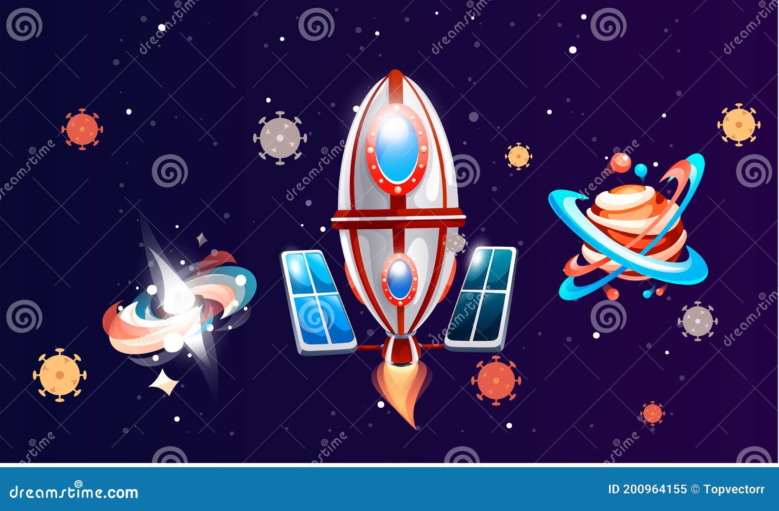 Space Game Elements, Rocket and Planets in Dark Blue Space. Cartoon ...
