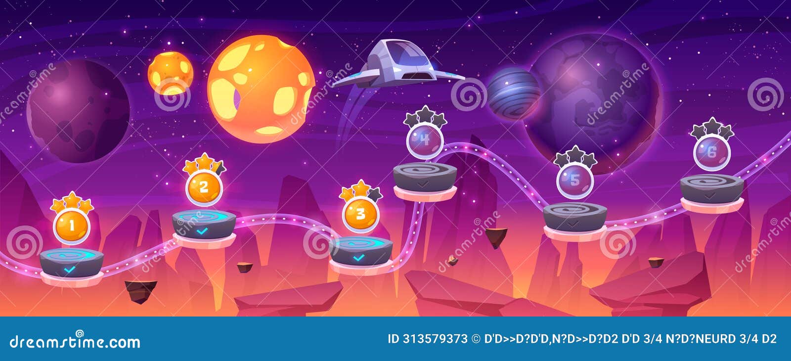 Space Game Level Map with Spaceship and Alien Planets, Cartoon 2d Gui ...