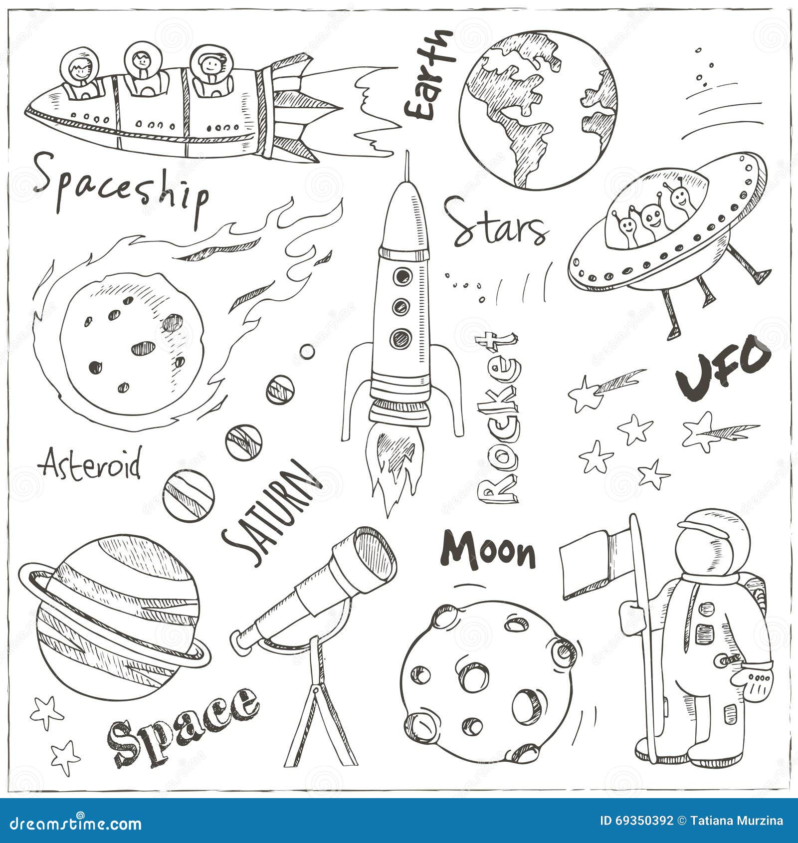 Space Hand Drawn Doodle Line Art Outline Set Cartoon Vector ...