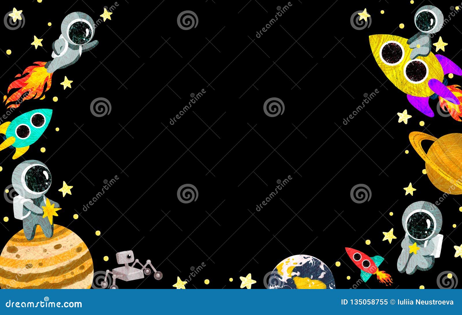 Space Horizontal Frame with Planets, Astronauts, Stars and Rockets ...