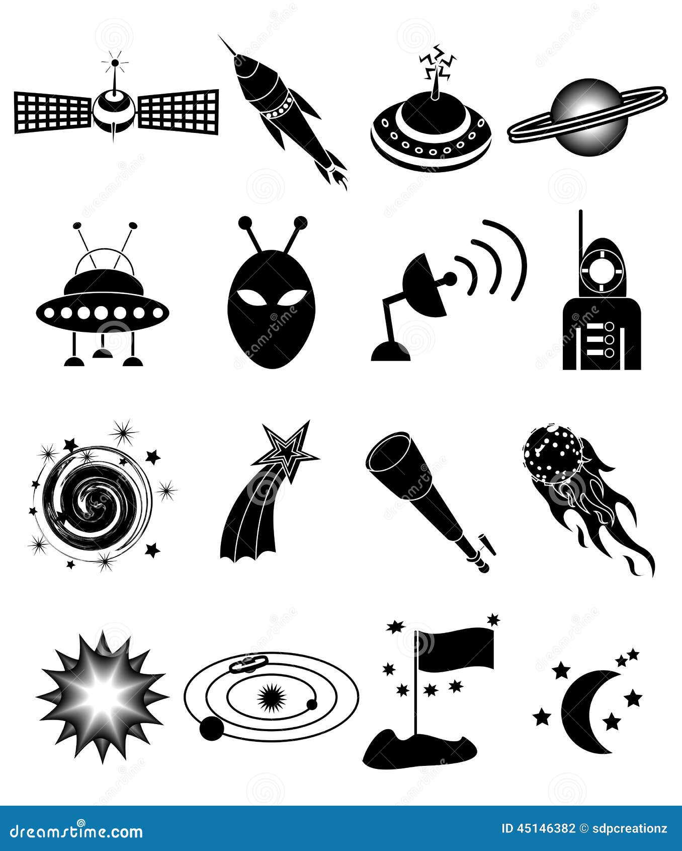 Space Icons. Circle Shape With Symbols Spaceship Cartoon Vector ...