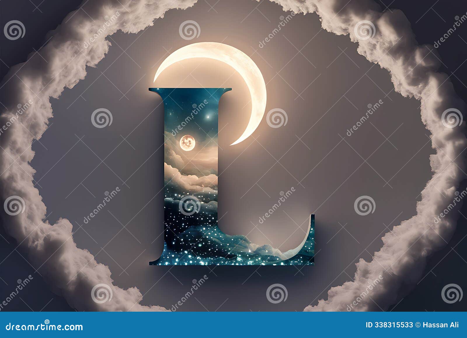 Space-Inspired Letter L with Moon and Clouds Stock Illustration ...