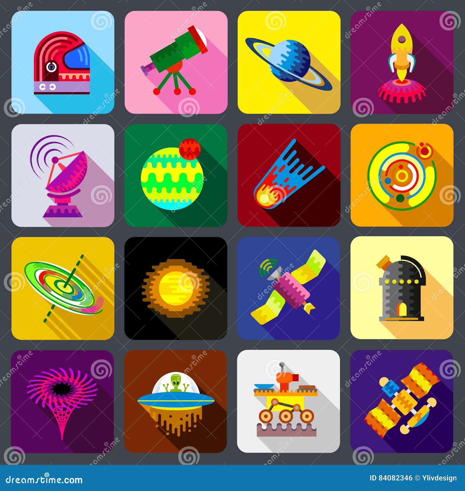 Space Items Icons Set, Flat Style Stock Vector - Illustration of helmet ...