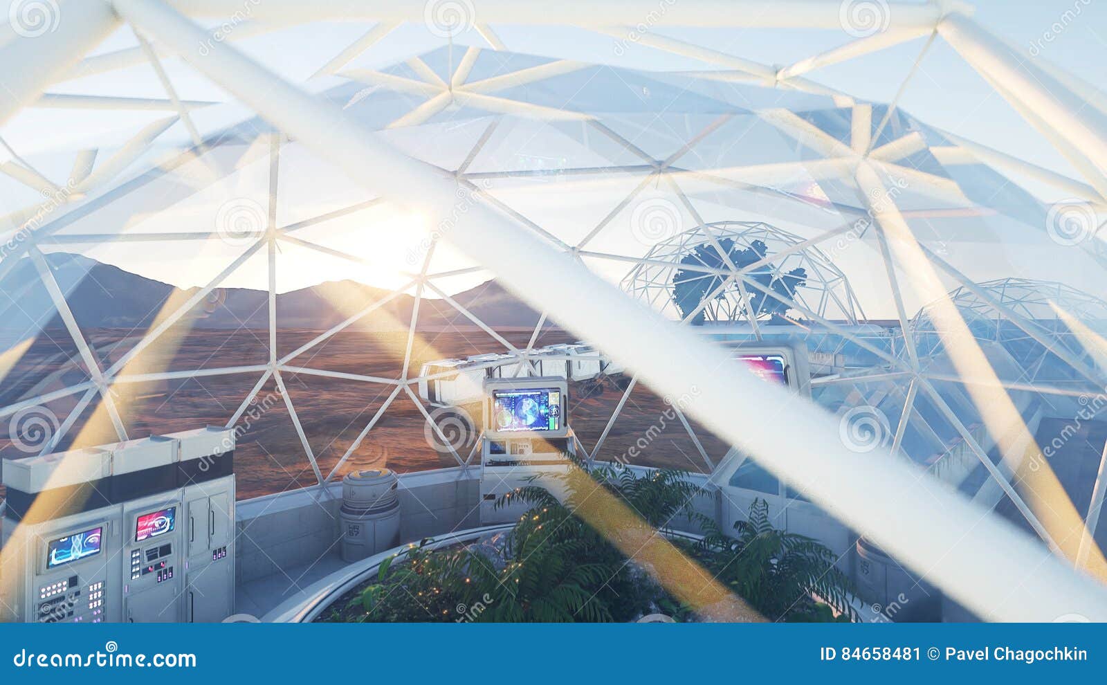 Space Laboratory. Life on Mars, Alien Planet. Plants in the Space. 3d ...