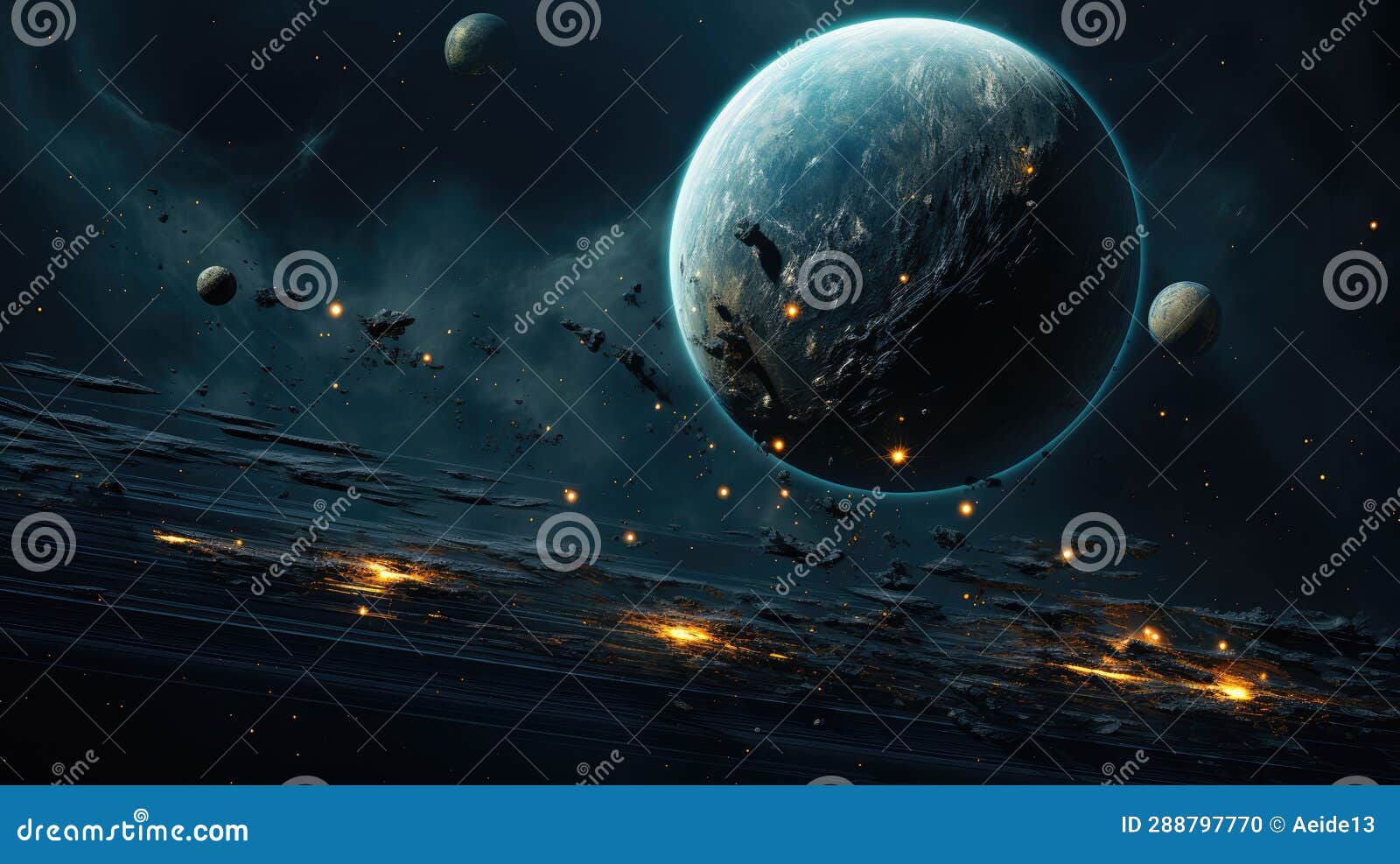 Space Landscape Alien Planet. Exploding Galaxy with Meteors and Clouds ...