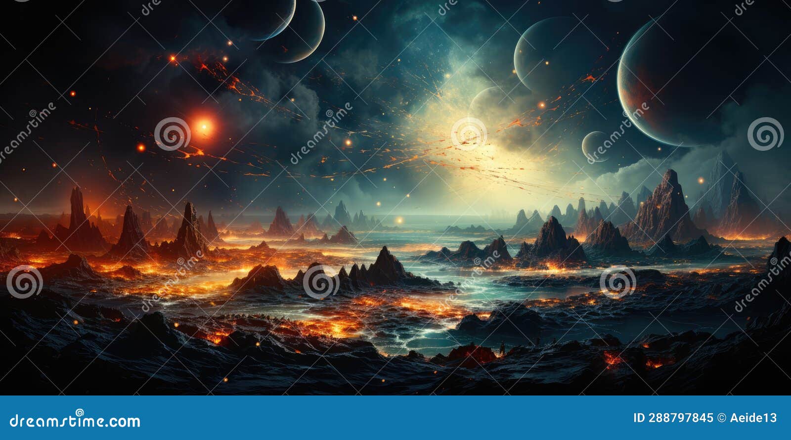 Space Landscape Alien Planet. Exploding Galaxy with Meteors and Clouds ...