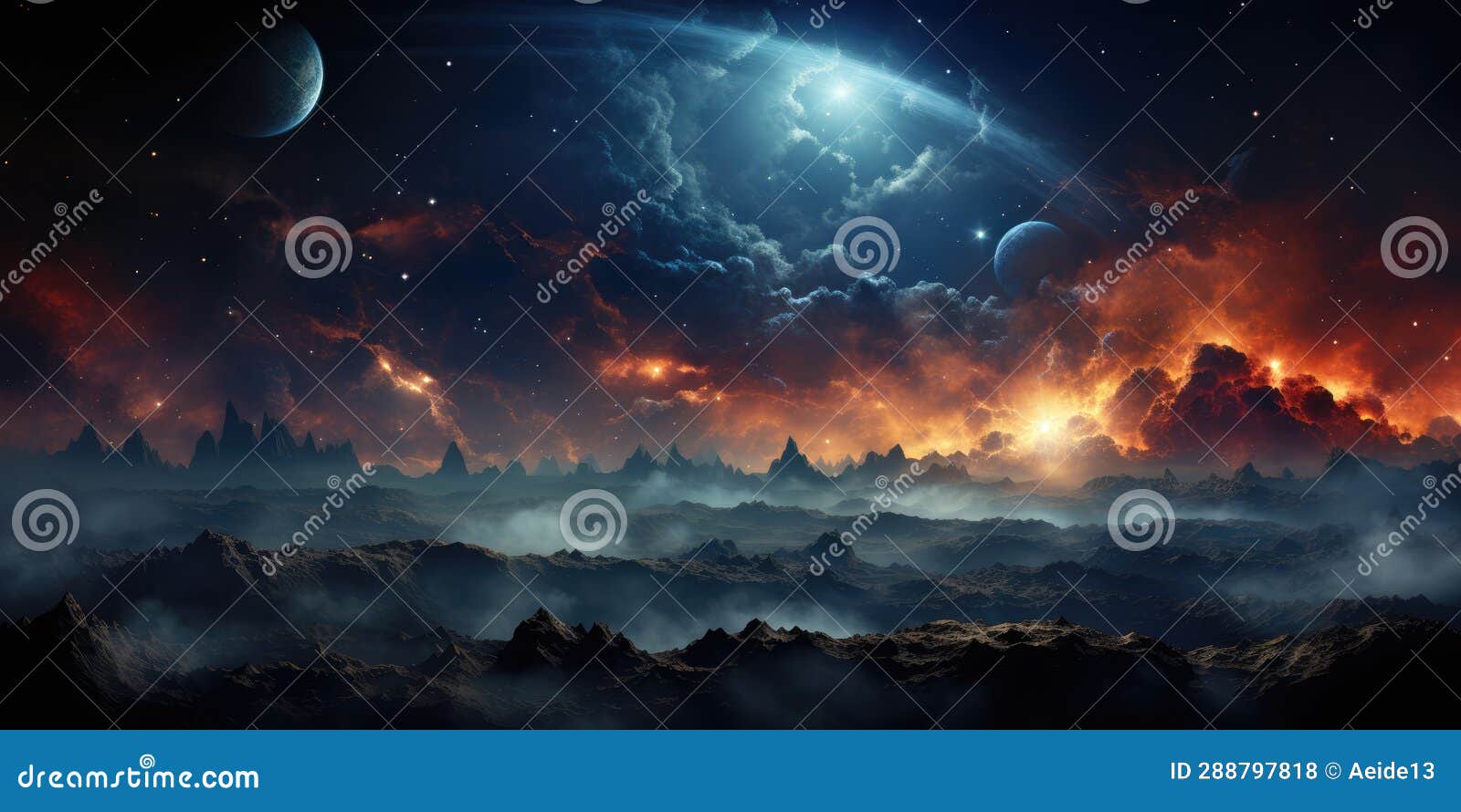 Space Landscape Alien Planet. Exploding Galaxy with Meteors and Clouds ...