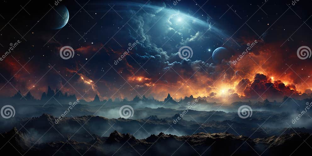 Space Landscape Alien Planet. Exploding Galaxy with Meteors and Clouds ...