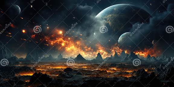 Space Landscape Alien Planet. Exploding Galaxy with Meteors and Clouds ...