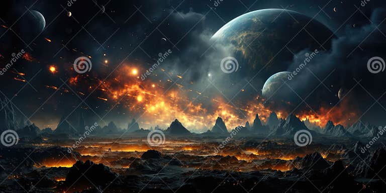 Space Landscape Alien Planet. Exploding Galaxy with Meteors and Clouds ...