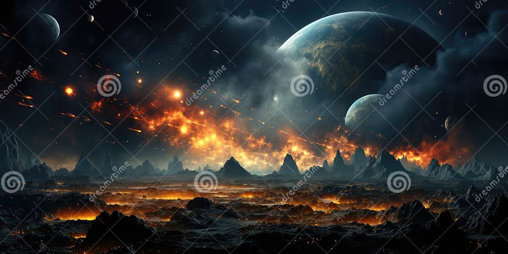 Space Landscape Alien Planet. Exploding Galaxy with Meteors and Clouds ...