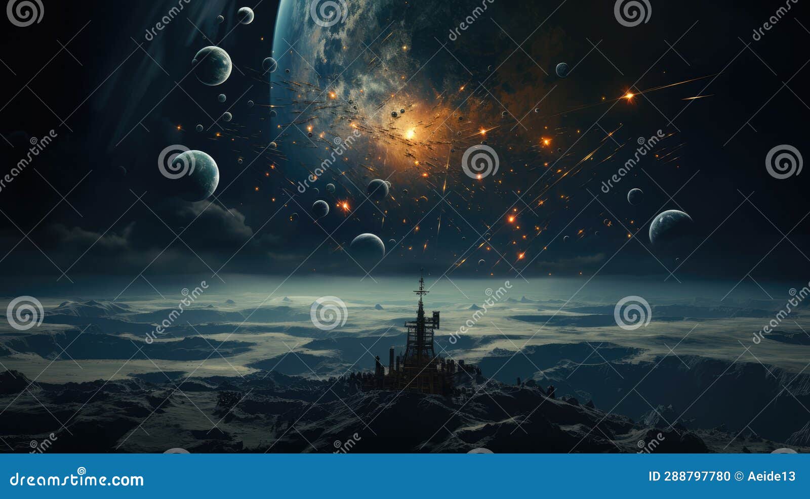 Space Landscape Alien Planet. Exploding Galaxy with Meteors and Clouds ...