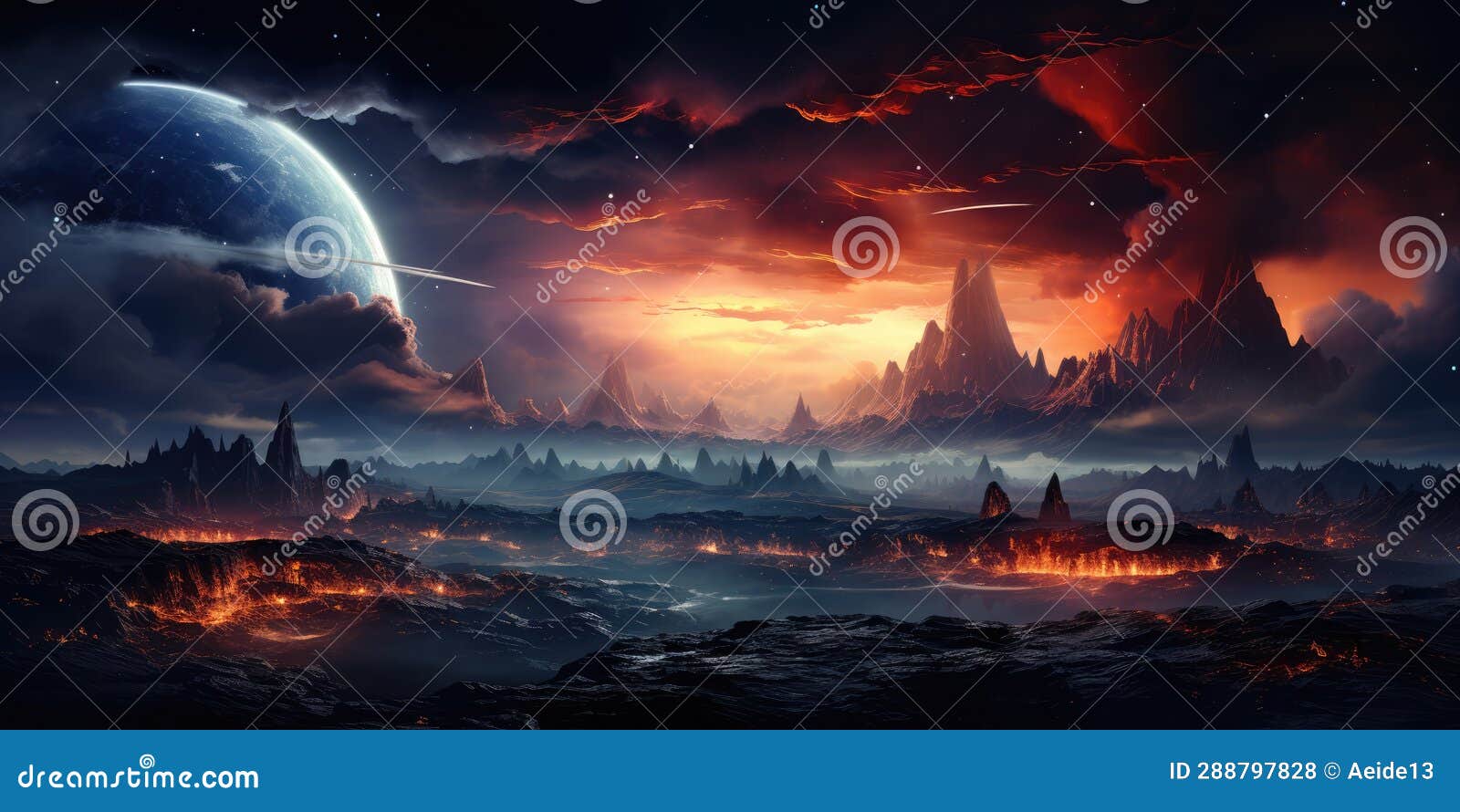 Space Landscape Alien Planet. Exploding Galaxy with Meteors and Clouds ...