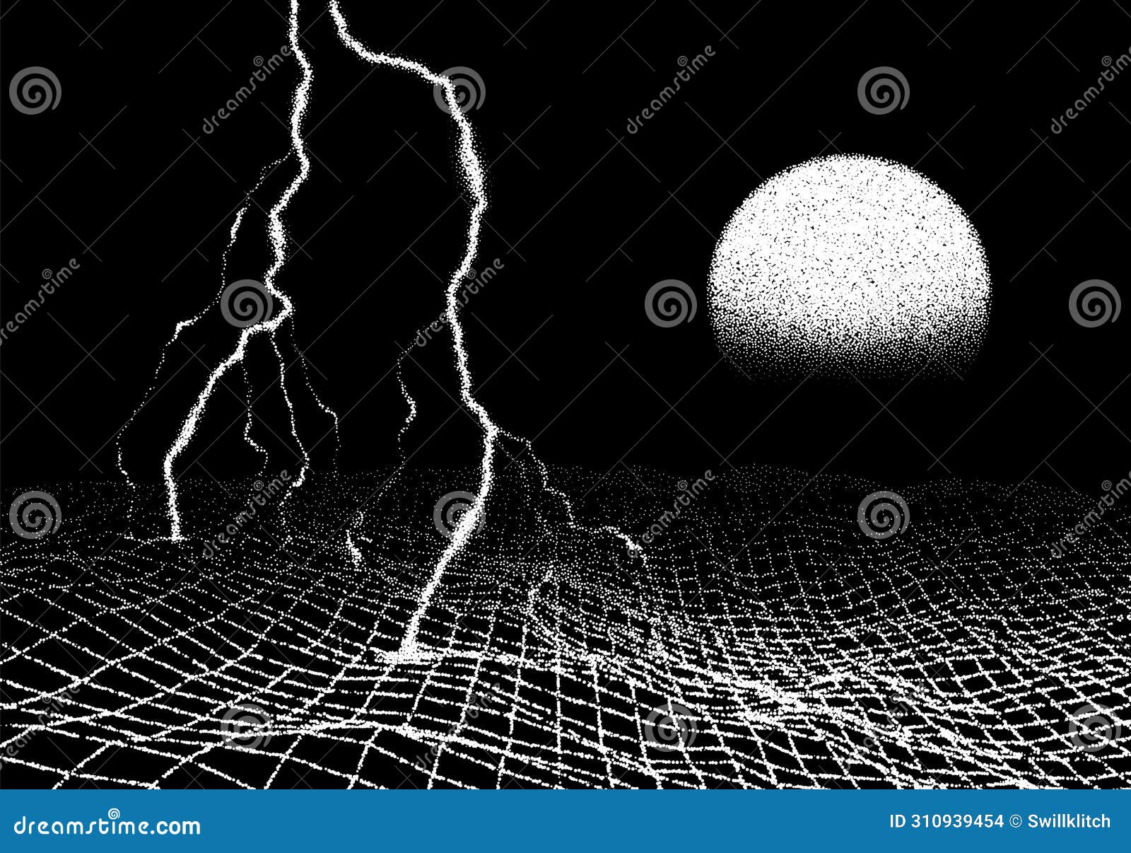 Space Landscape with Lightning Strike in Retro Book Style. Dotwork ...