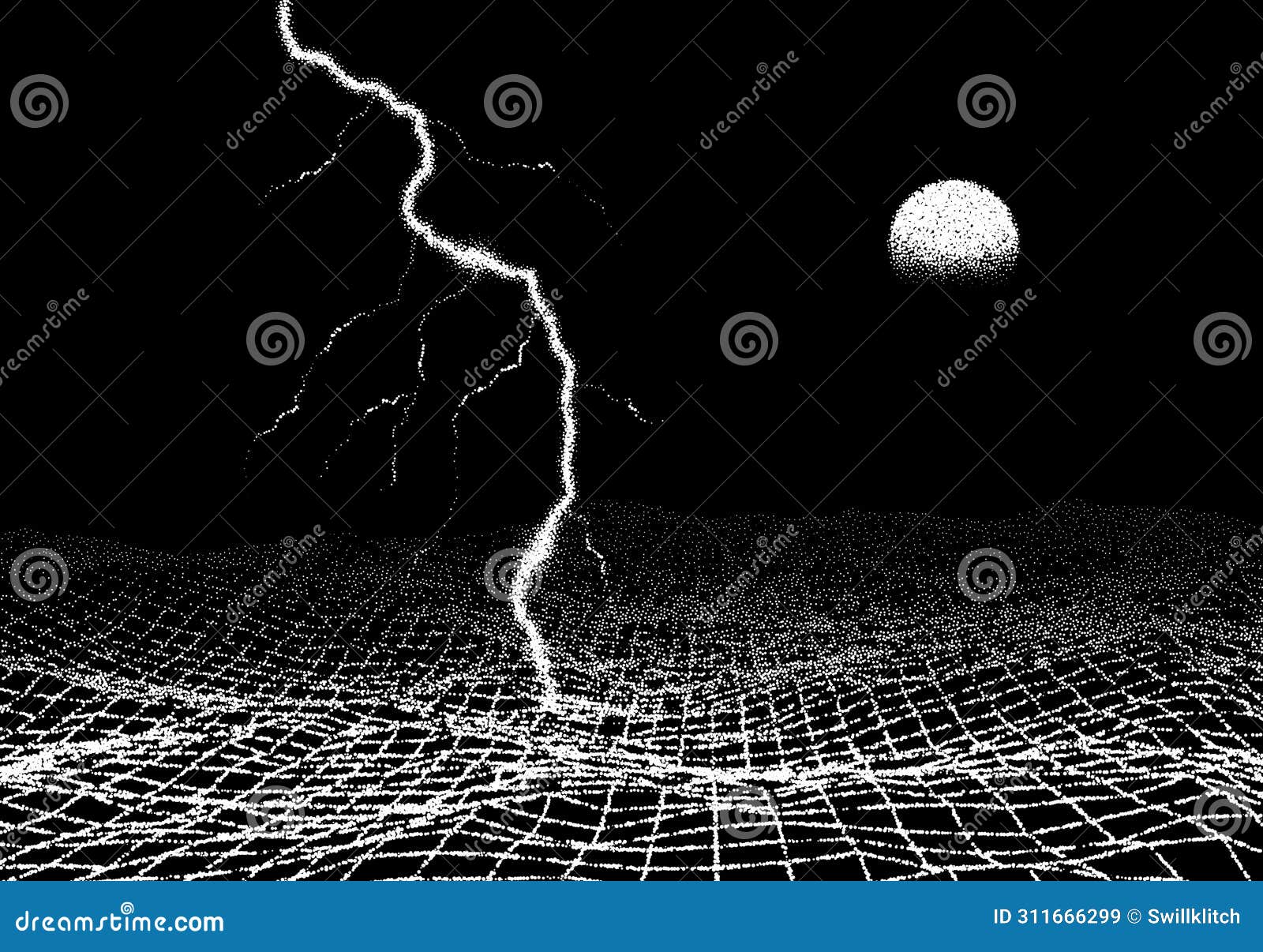 Space Landscape with Lightning Strike in Retro Book Style. Dotwork ...