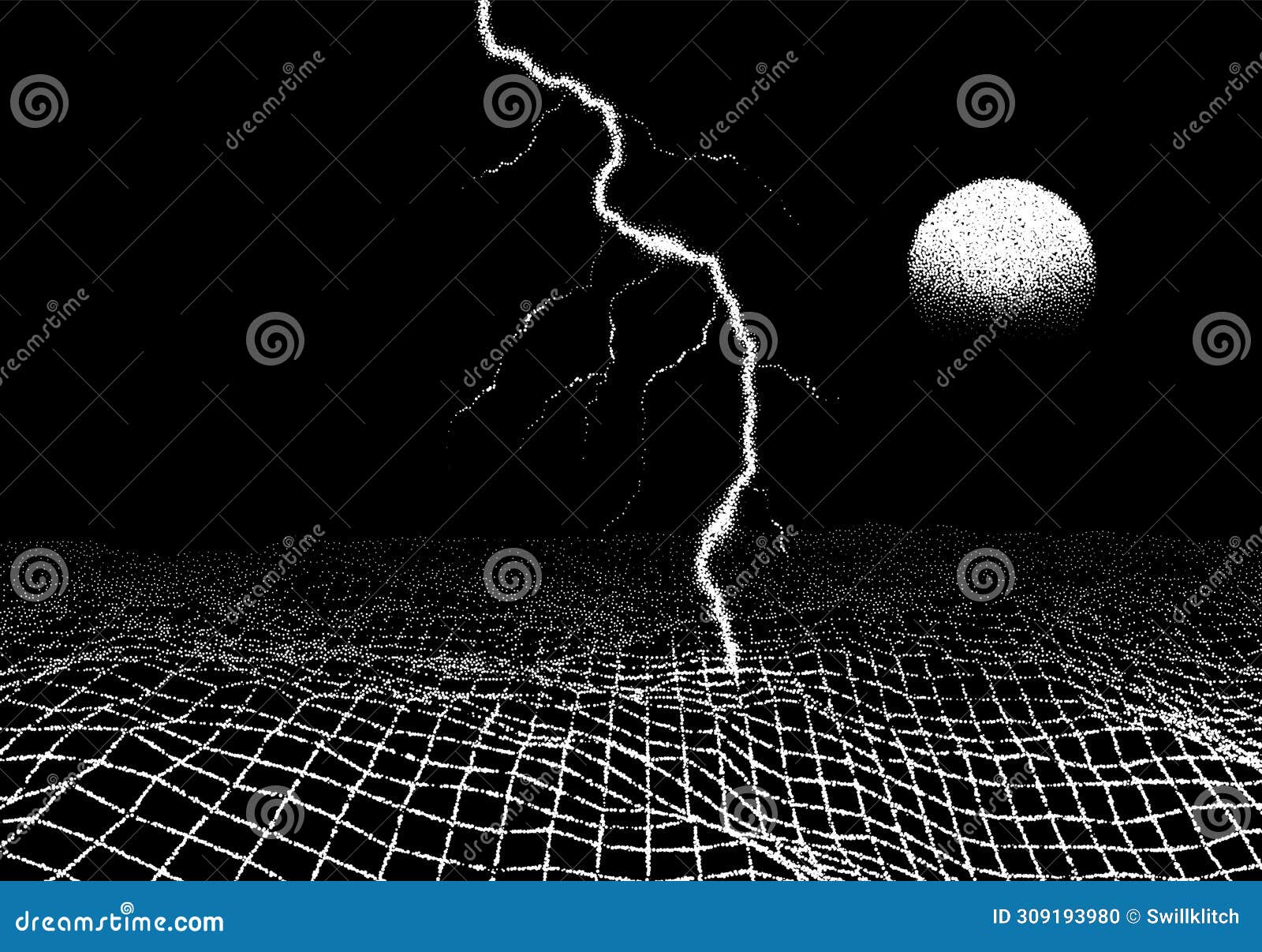Space Landscape with Lightning Strike in Retro Book Style. Dotwork ...