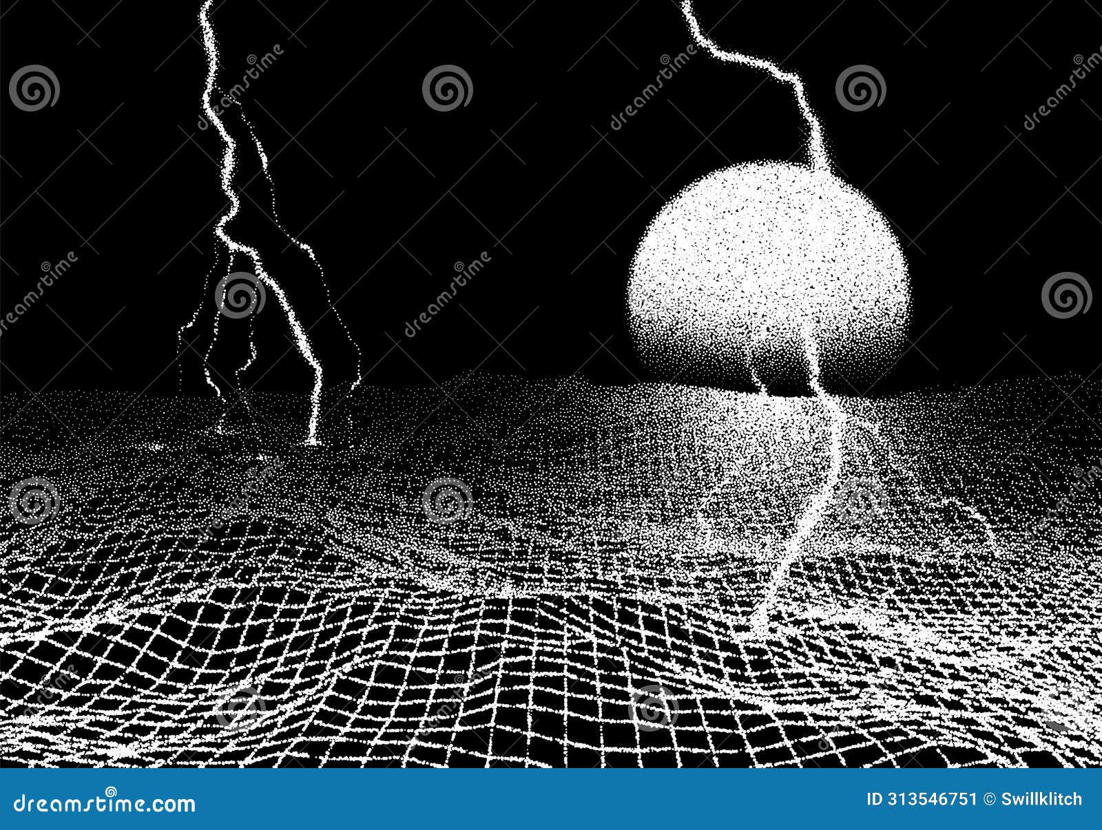 Space Landscape with Lightning Strike in Retro Book Style. Dotwork ...