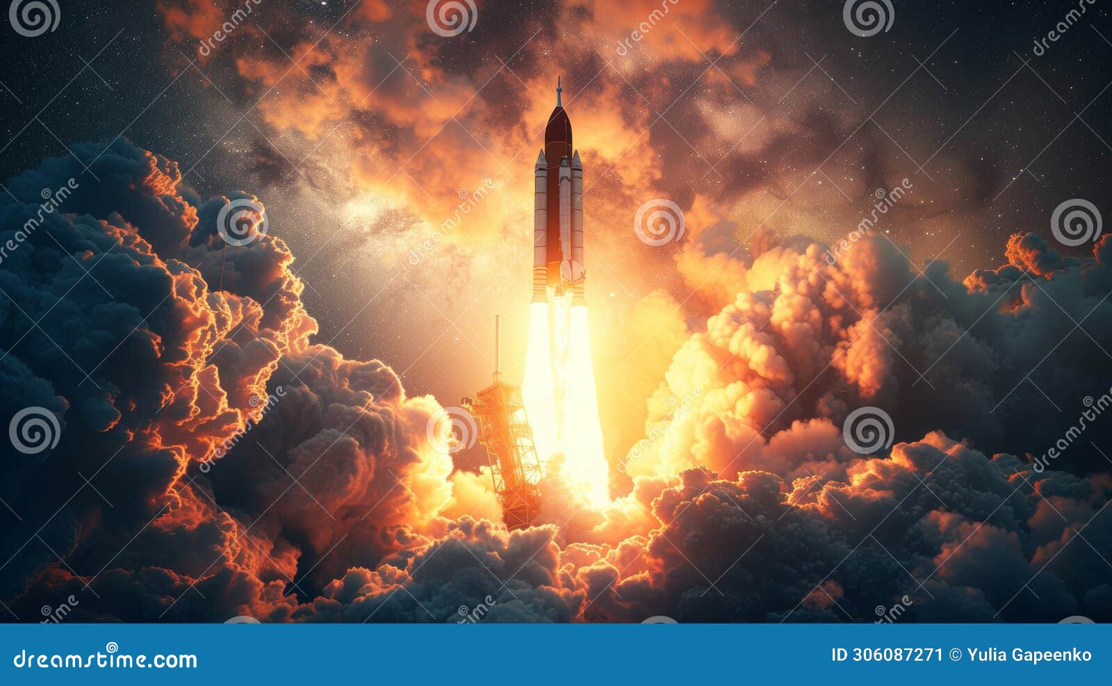 A Space Launch, with Flames and Plumes of Smoke Propelling a Rocket ...