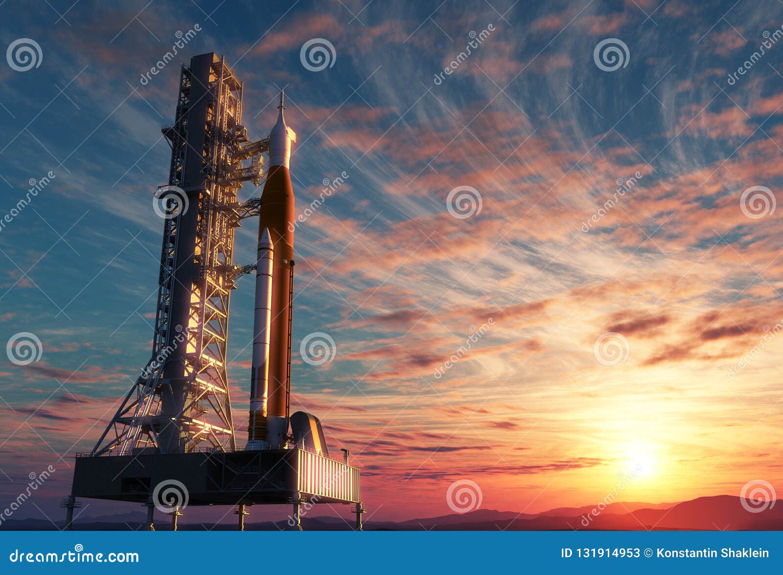 Space Launch System on Launchpad Over Background of Sunrise Stock ...