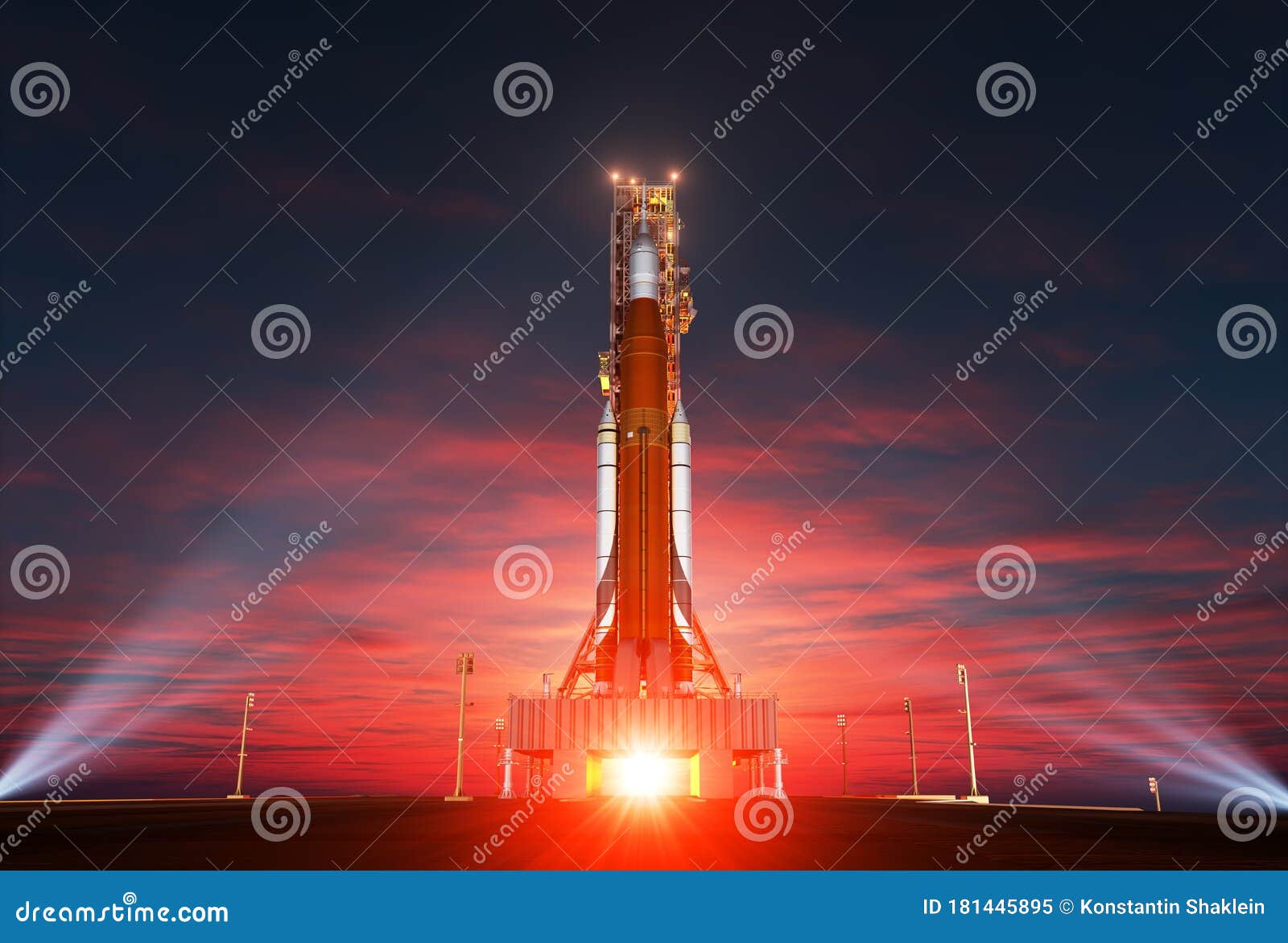 Space Launch System on Launchpad Over Background of Sunrise Stock ...
