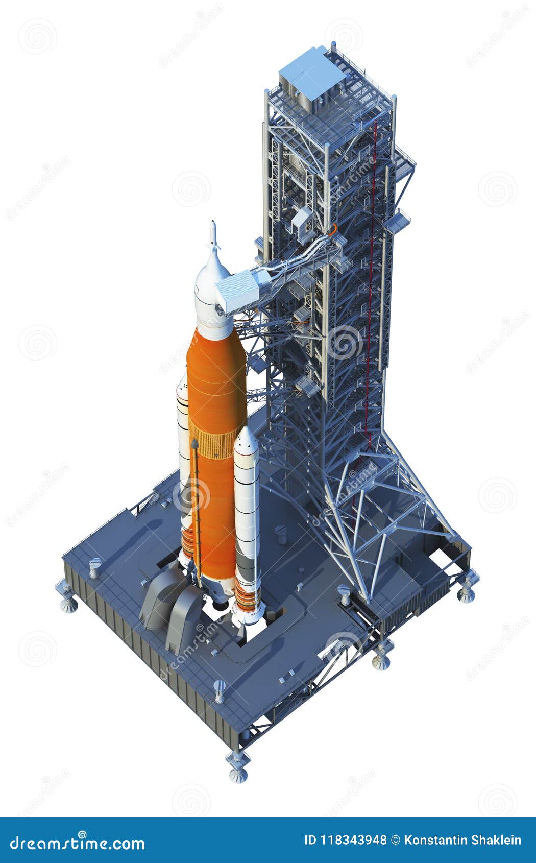 Space Launch System with Launchpad on White Background Stock ...