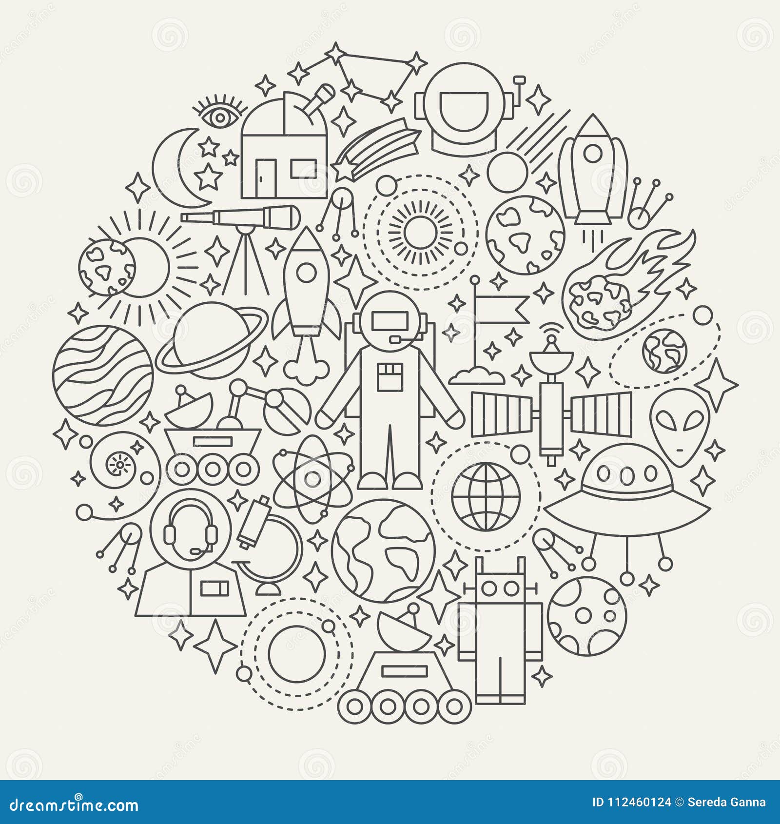 Space Line Icons Circle stock vector. Illustration of concept - 112460124