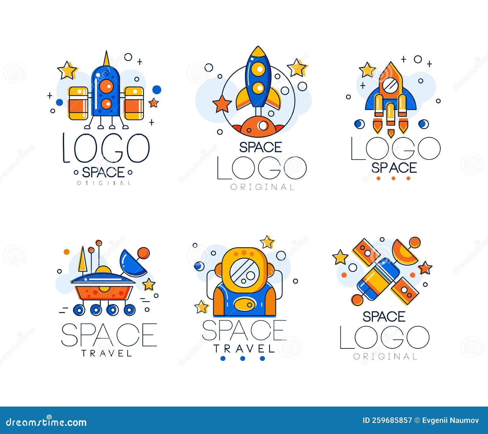 Space Logo with Astronaut, Rocket and Satellite with Planets Line ...