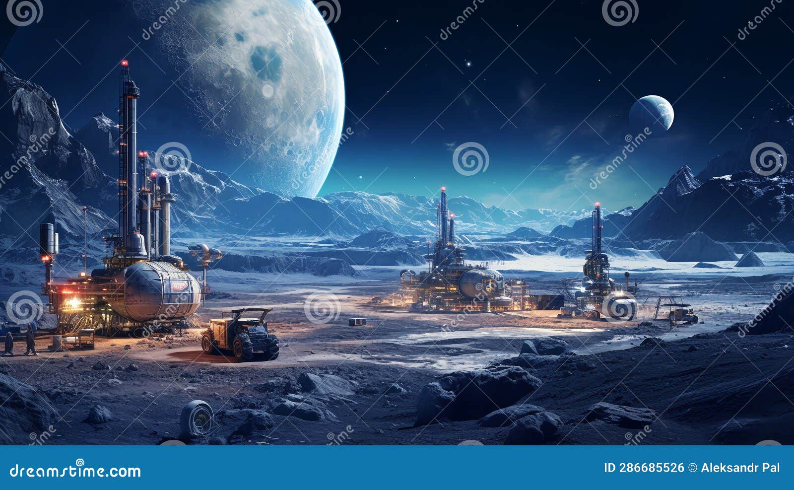 Space Mining Base Operation on the Moon Surface, with Planet Earth in ...