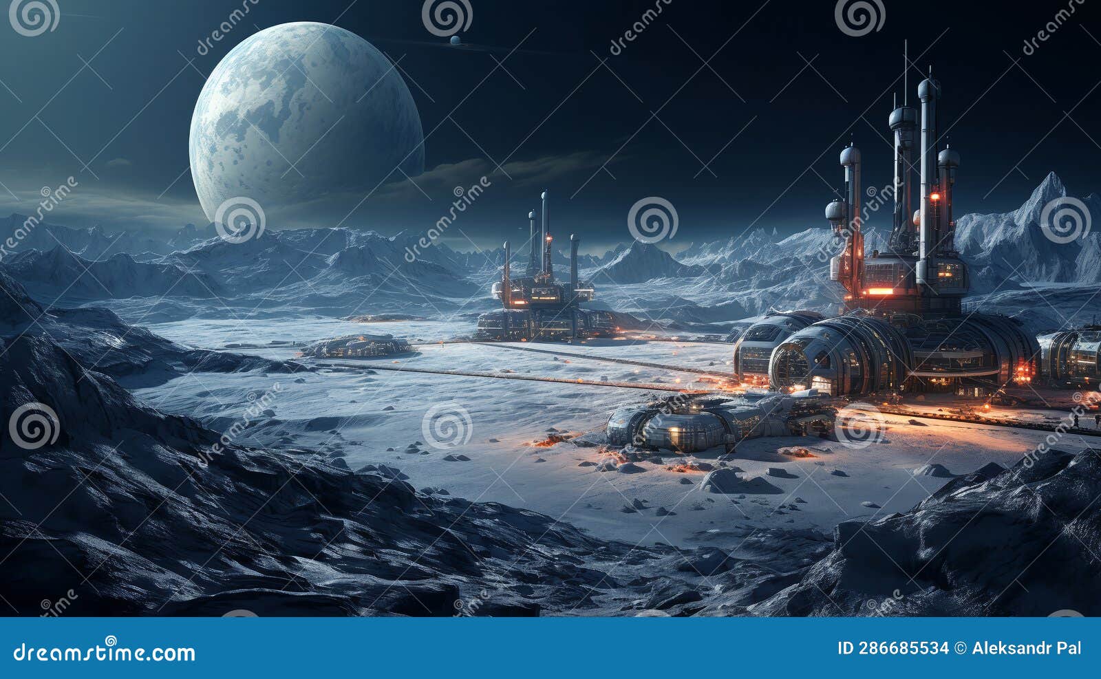 Space Mining Base Operation on the Moon Surface, with Planet Earth in ...