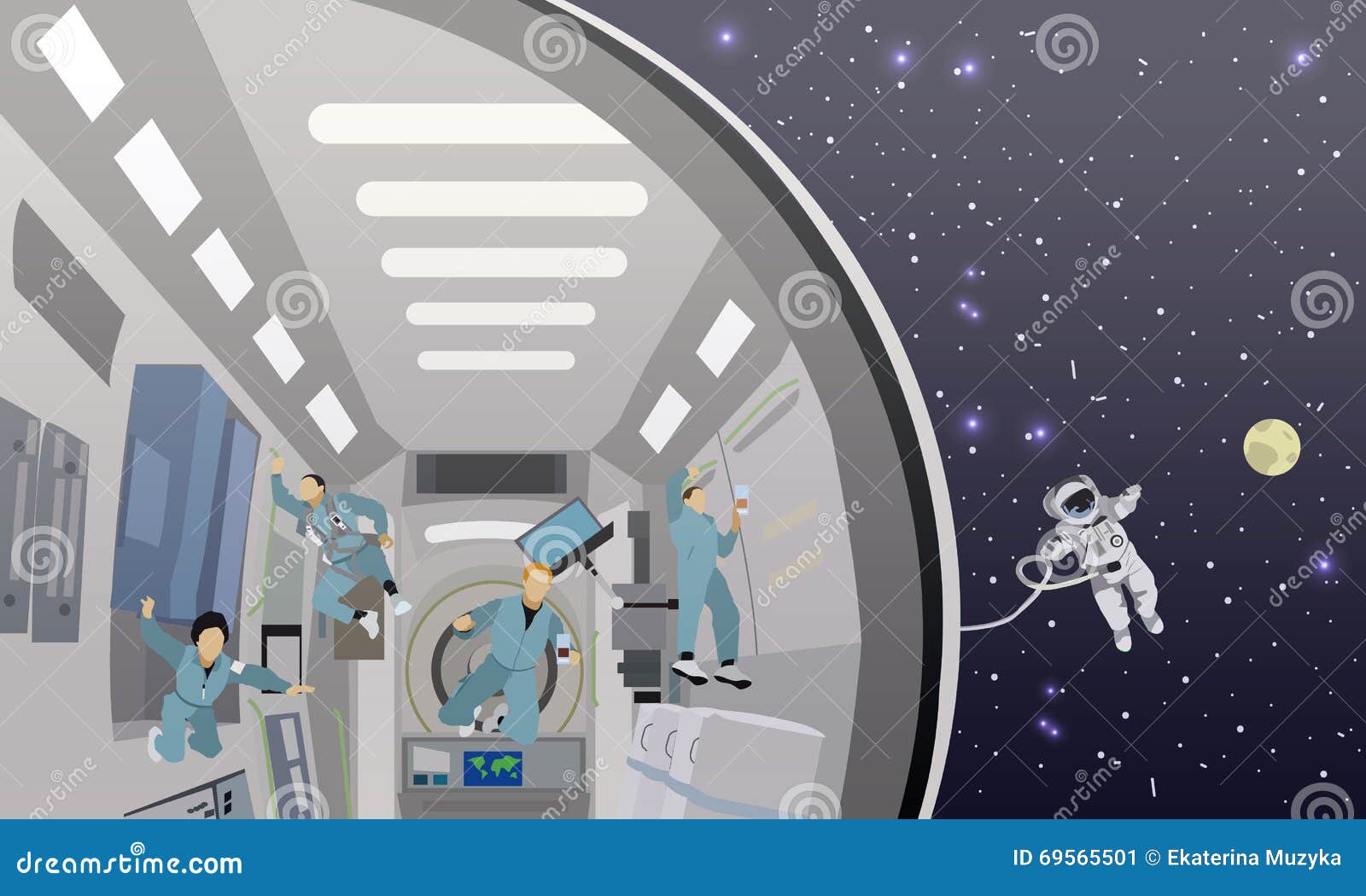 Space Mission Concept Vector Illustration. Cosmonauts Flying in No ...