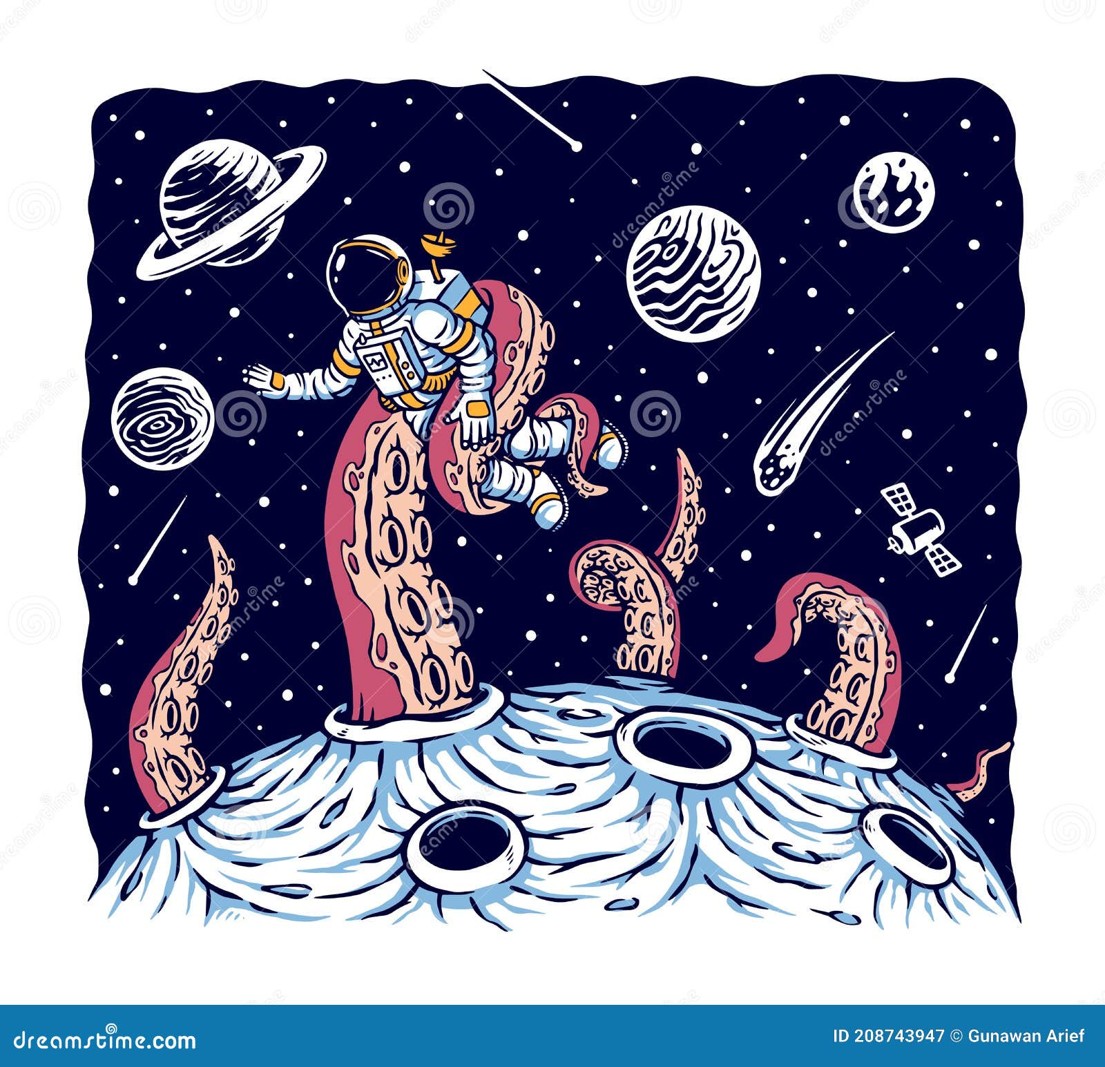 Space Monsters Attack Astronaut Illustration Stock Vector ...