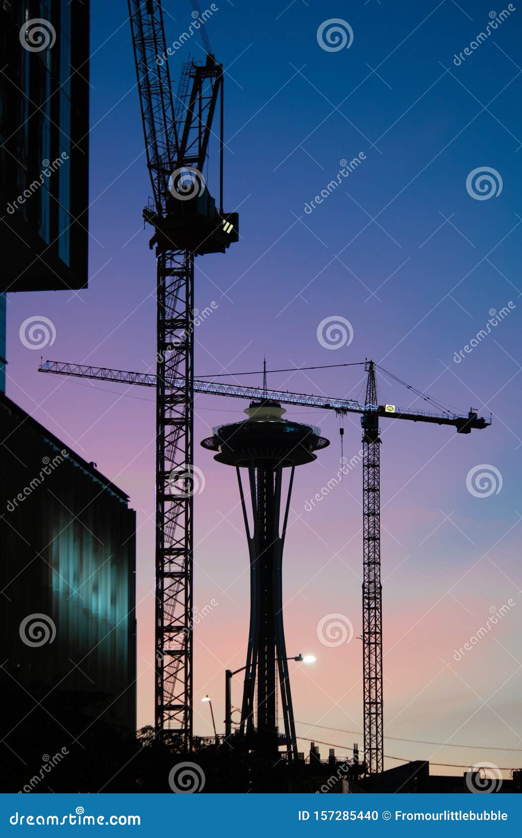 Space Needle and Construction Cranes Editorial Image - Image of space ...