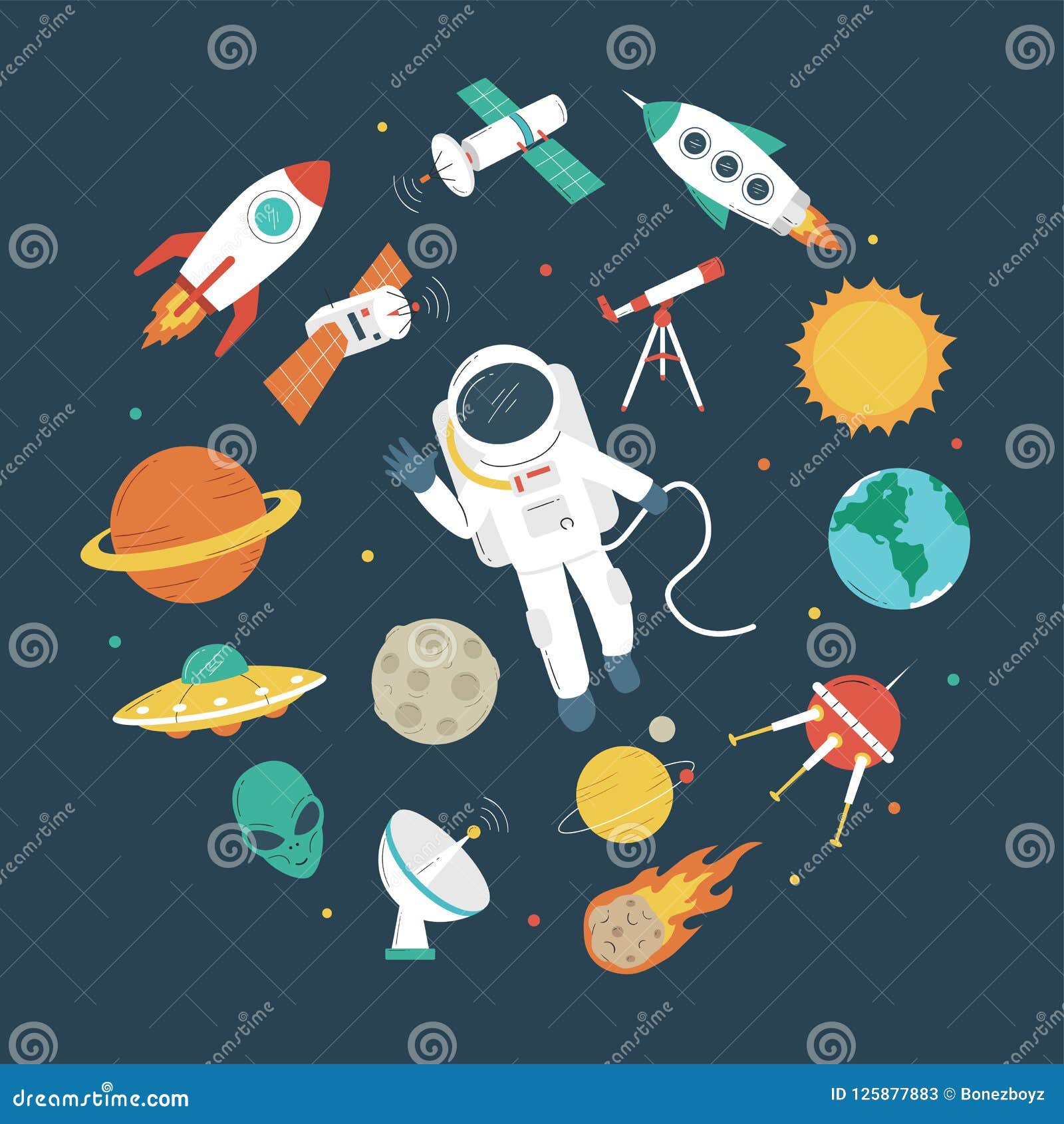 Space Objects. Astronaut, Rocket, Planets, UFO, Satellite, Etc Stock ...