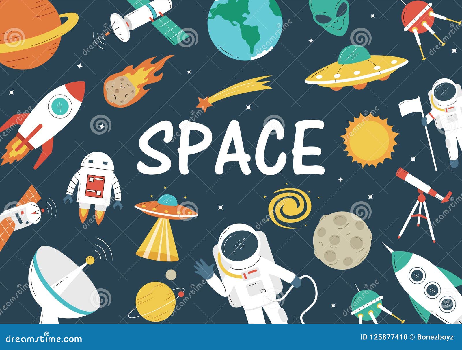 Space Objects Above The Moon. Flying Spaceship, Saturn And A Flying ...