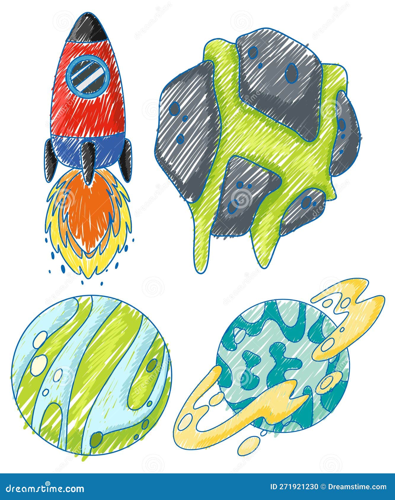 Space Objects in Pencil Colour Sketch Simple Style Stock Vector ...