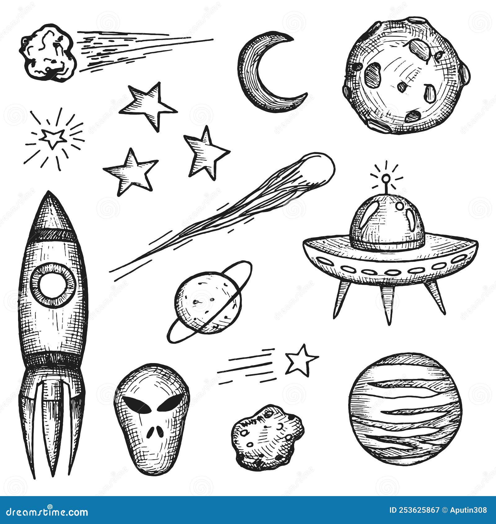 Space Objects Set Vector Sketches Stock Vector - Illustration of doodle ...