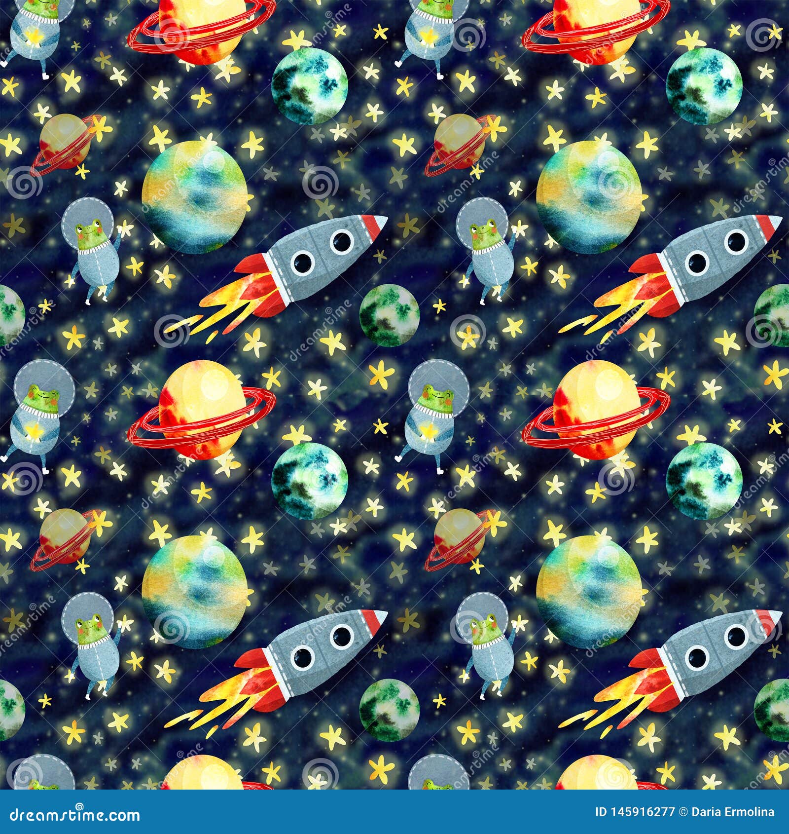 Space Pattern with Planets and Rocket Stock Illustration - Illustration ...