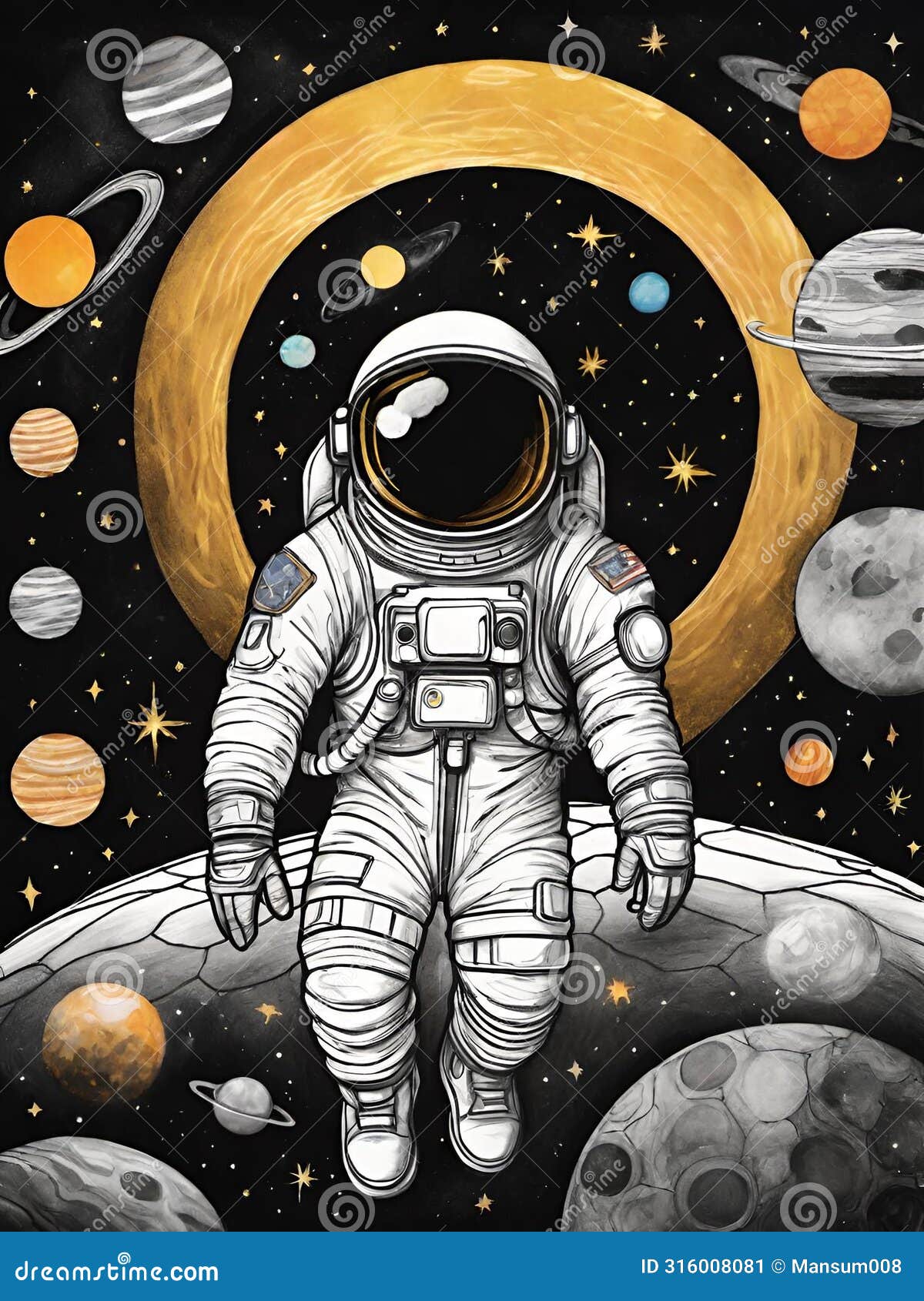 Space Planets and Astronaut. Hand Drawing Stock Illustration ...