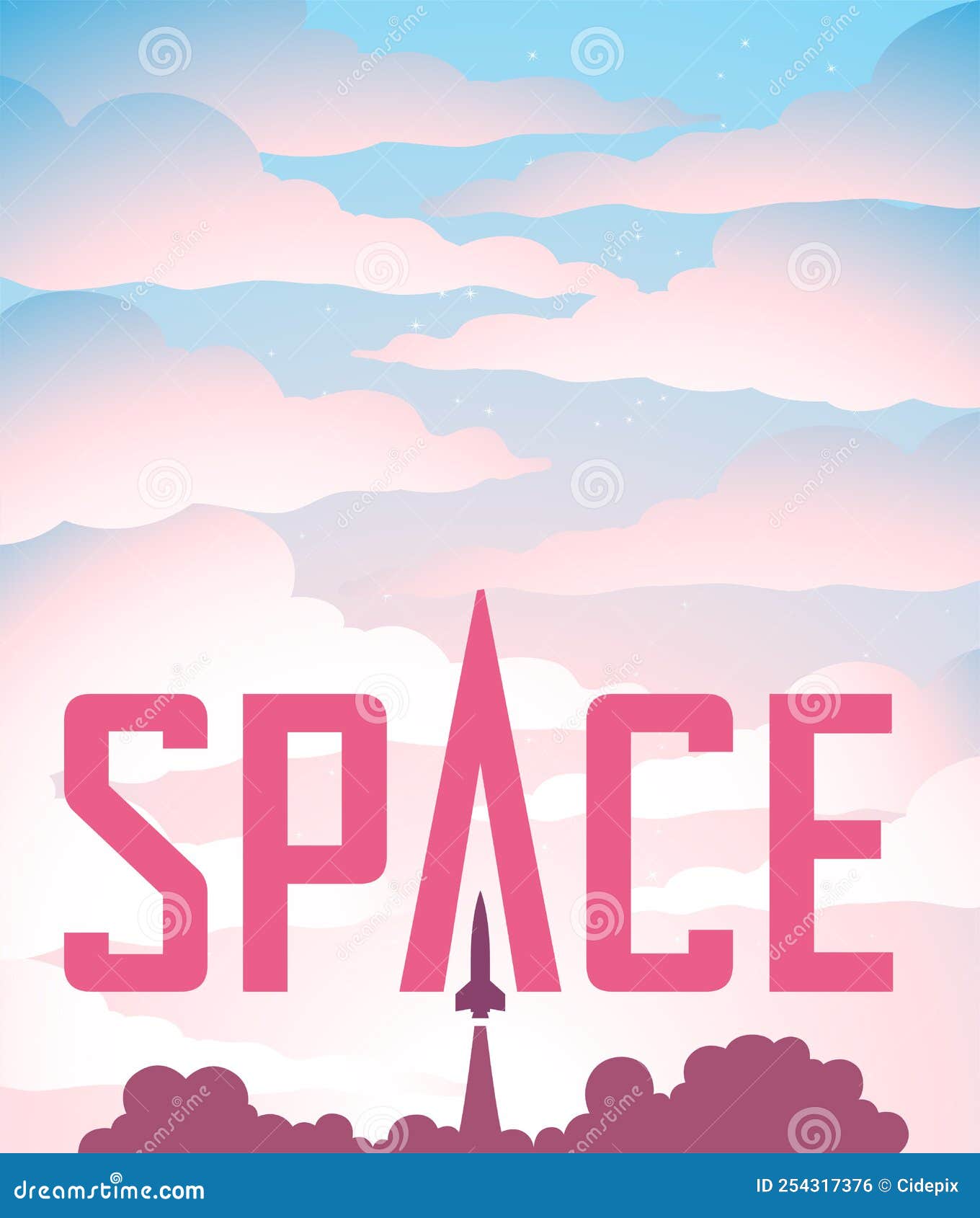 Space Poster of a Rocket Launch Over a Pink and Blue Starry Night Sky ...