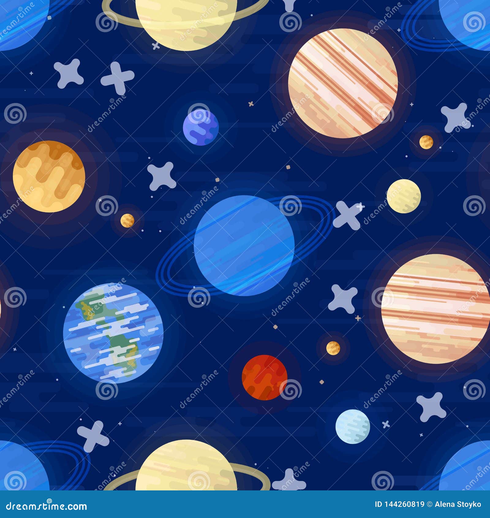 Space Print. Seamless Vector Pattern. Different Colored Planets of the ...