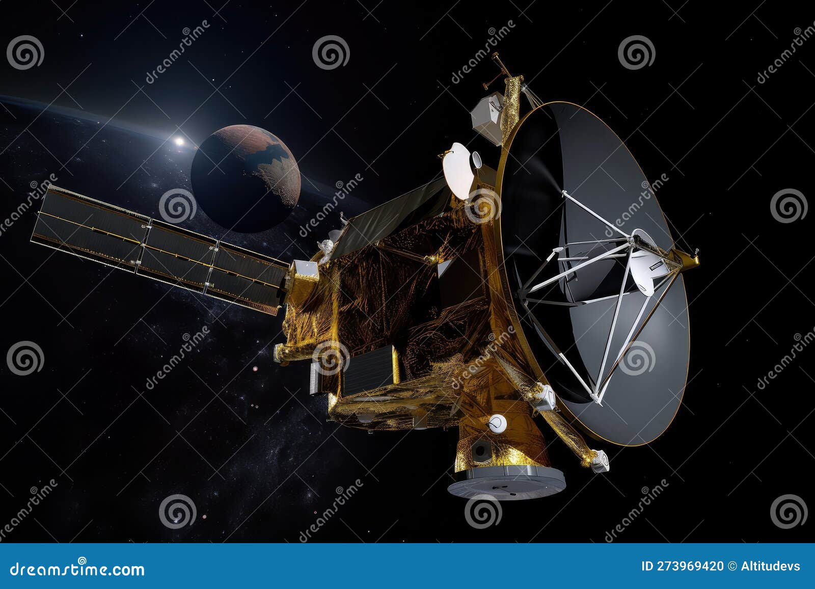 Space Probe Orbiting Celestial Body, with View of Its Surface and ...
