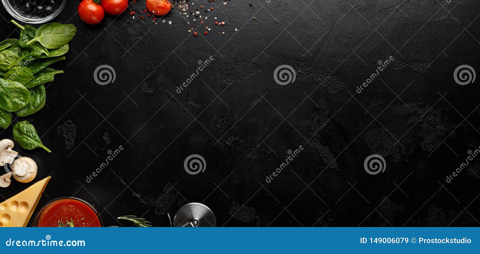 Space for Recipe. Pizza Cooking Ingredients on Black Background Stock ...