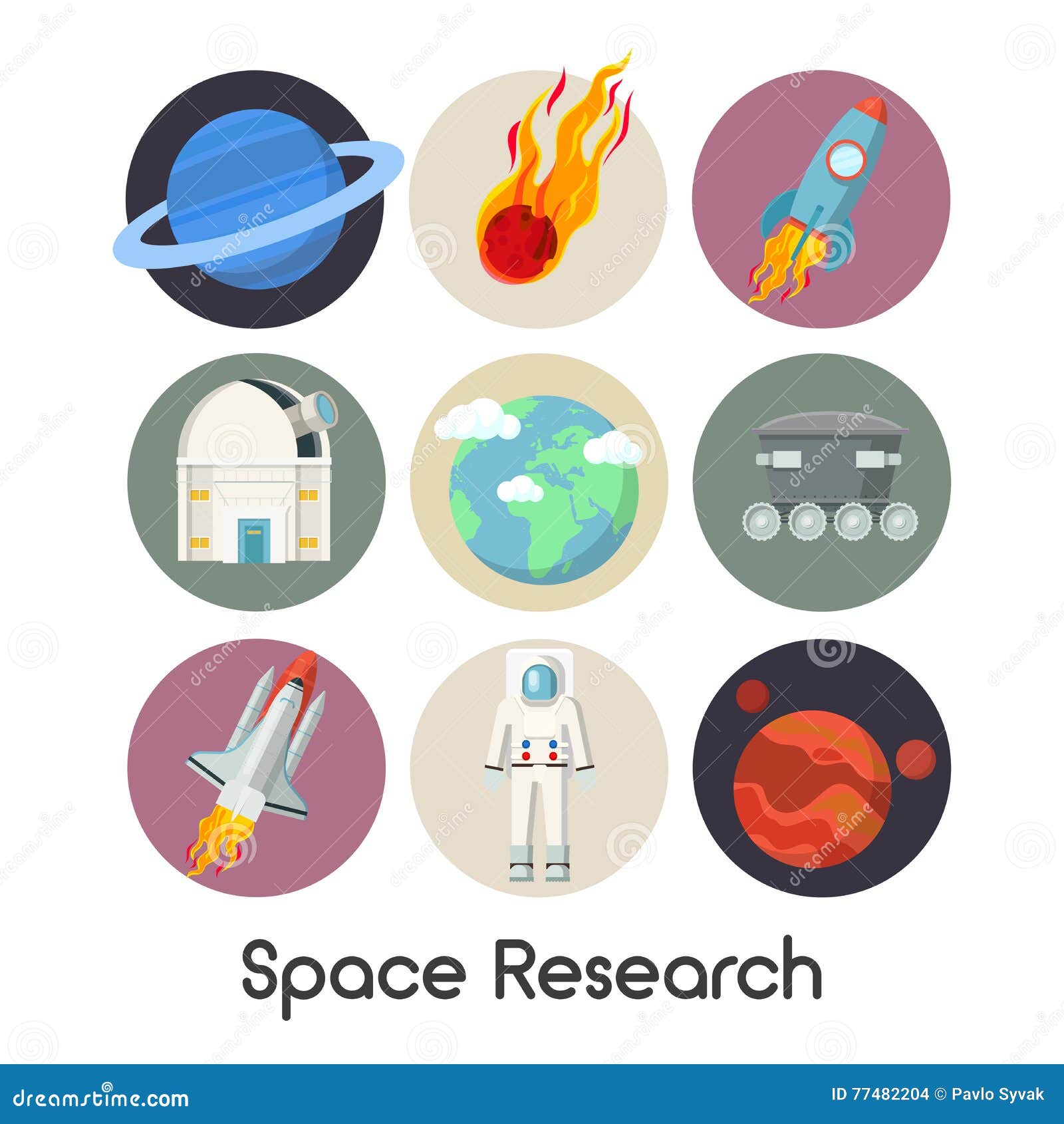 Space Research Icons Set with Shuttle and Planets Stock Vector ...