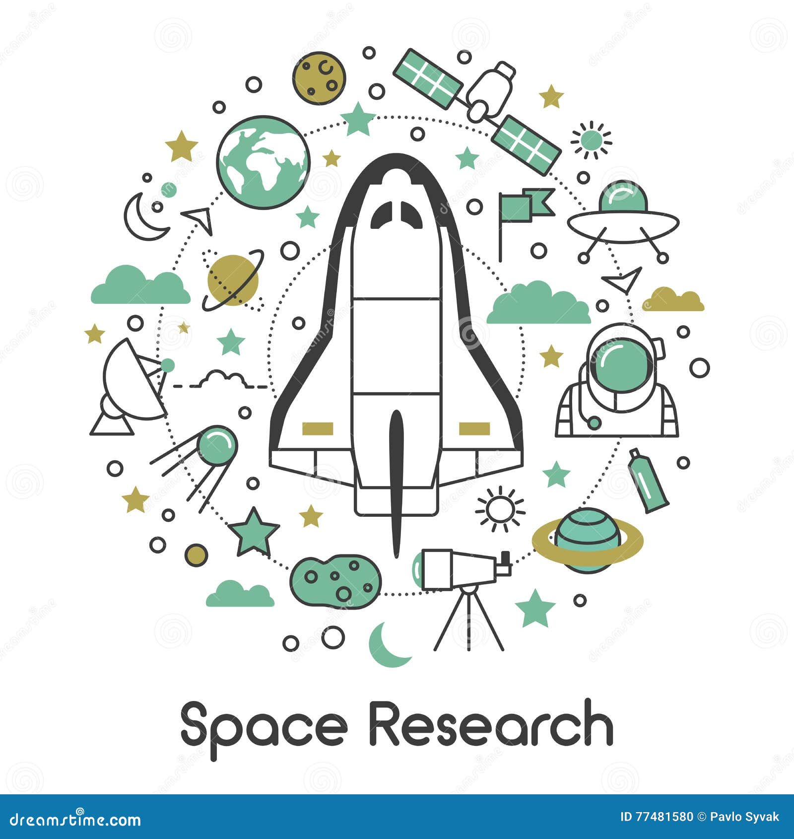Space Research Line Art Thin Icons Set with Shuttle Astronaut and ...
