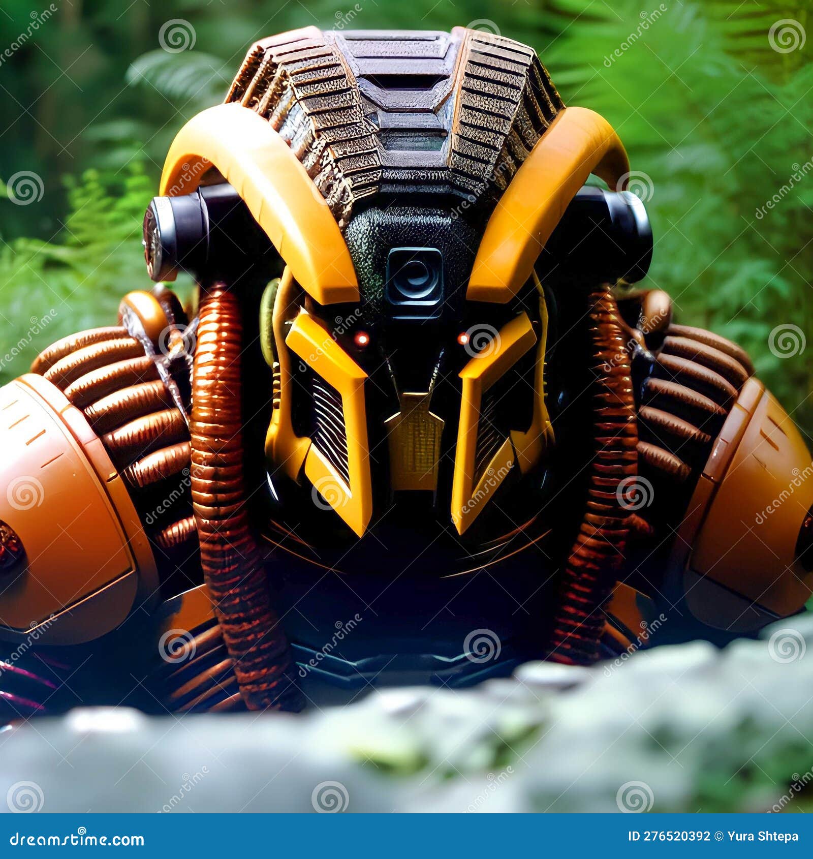 Space Robot Alien Sits in a Yellow Helmet on a Background of Green ...