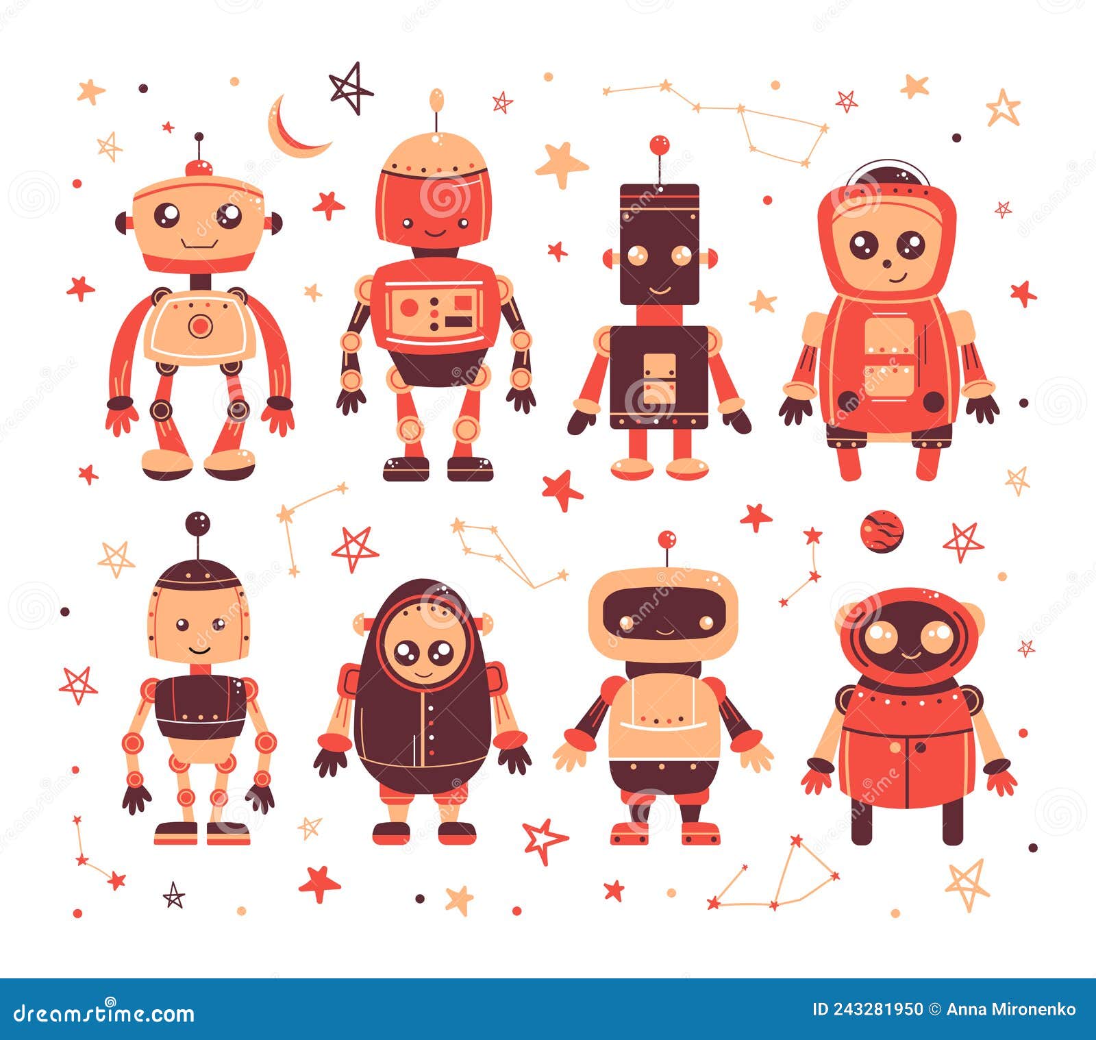 Space Robots. Cute Baby Robots, Planets and Stars Stock Vector ...